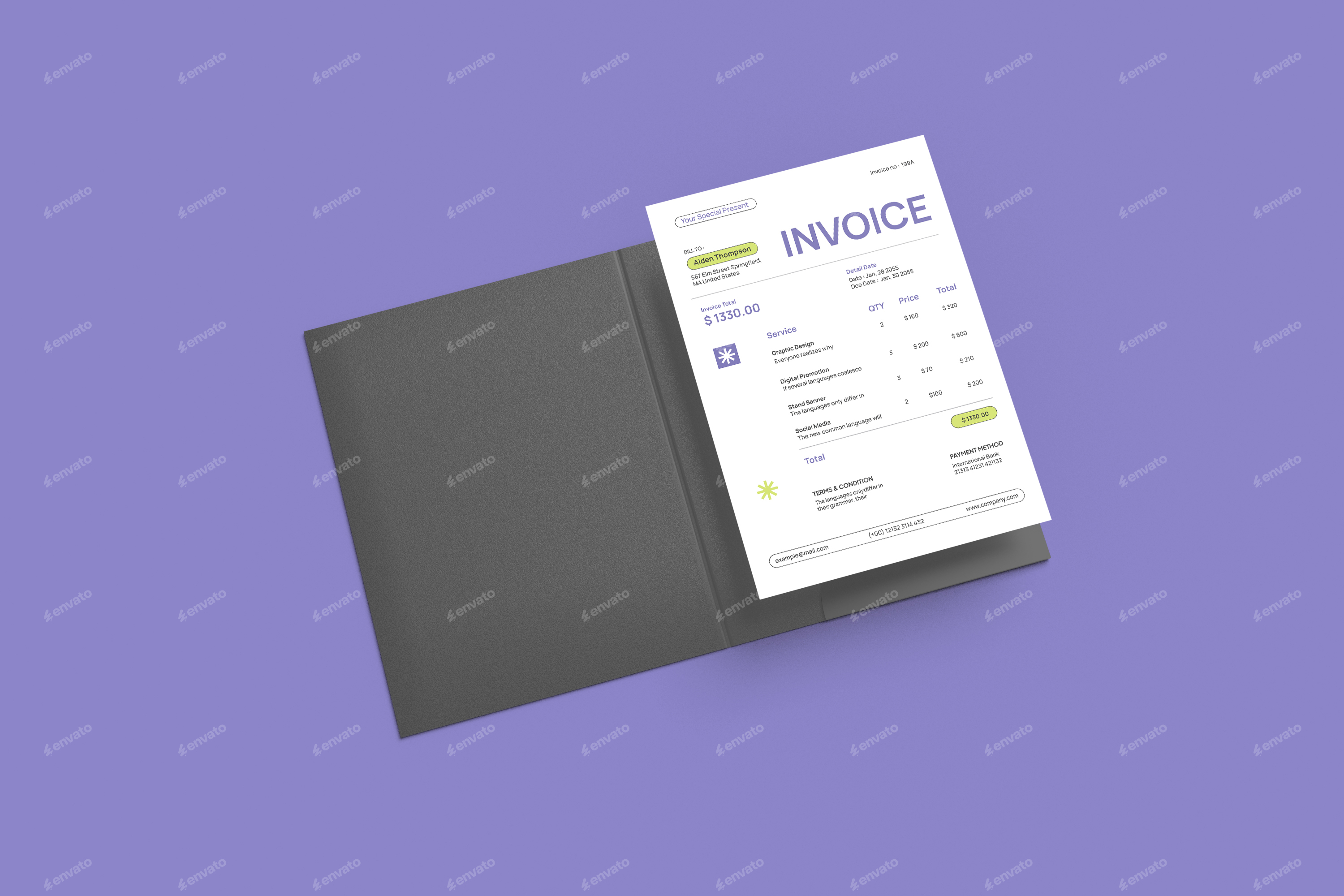 White Neon Green Purple Creative Modern Company Invoice, Print Templates