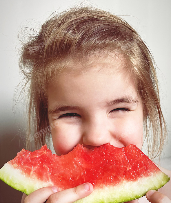 Happy cute little girl with slice of sweet watermelon Stock Photo by ...