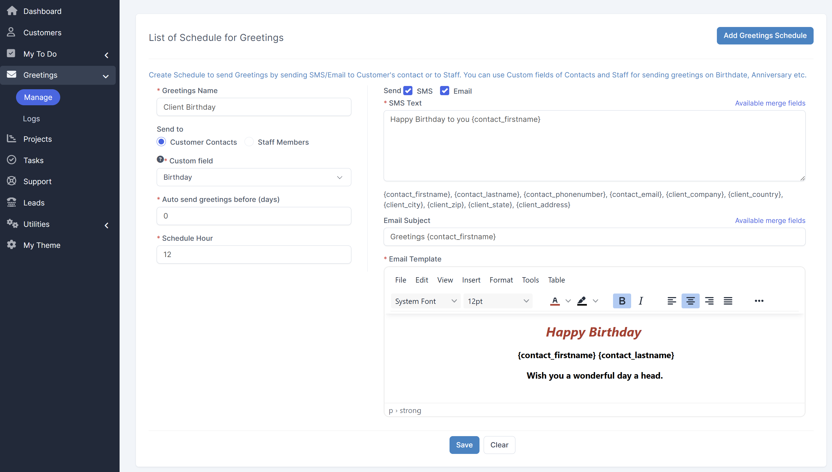 Greetings Manager Module For Perfex CRM by sejalinfotech | CodeCanyon