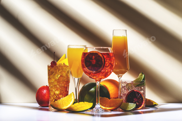 Summer citrus alcoholic cocktail drinks for cocktail party. Light beige ...