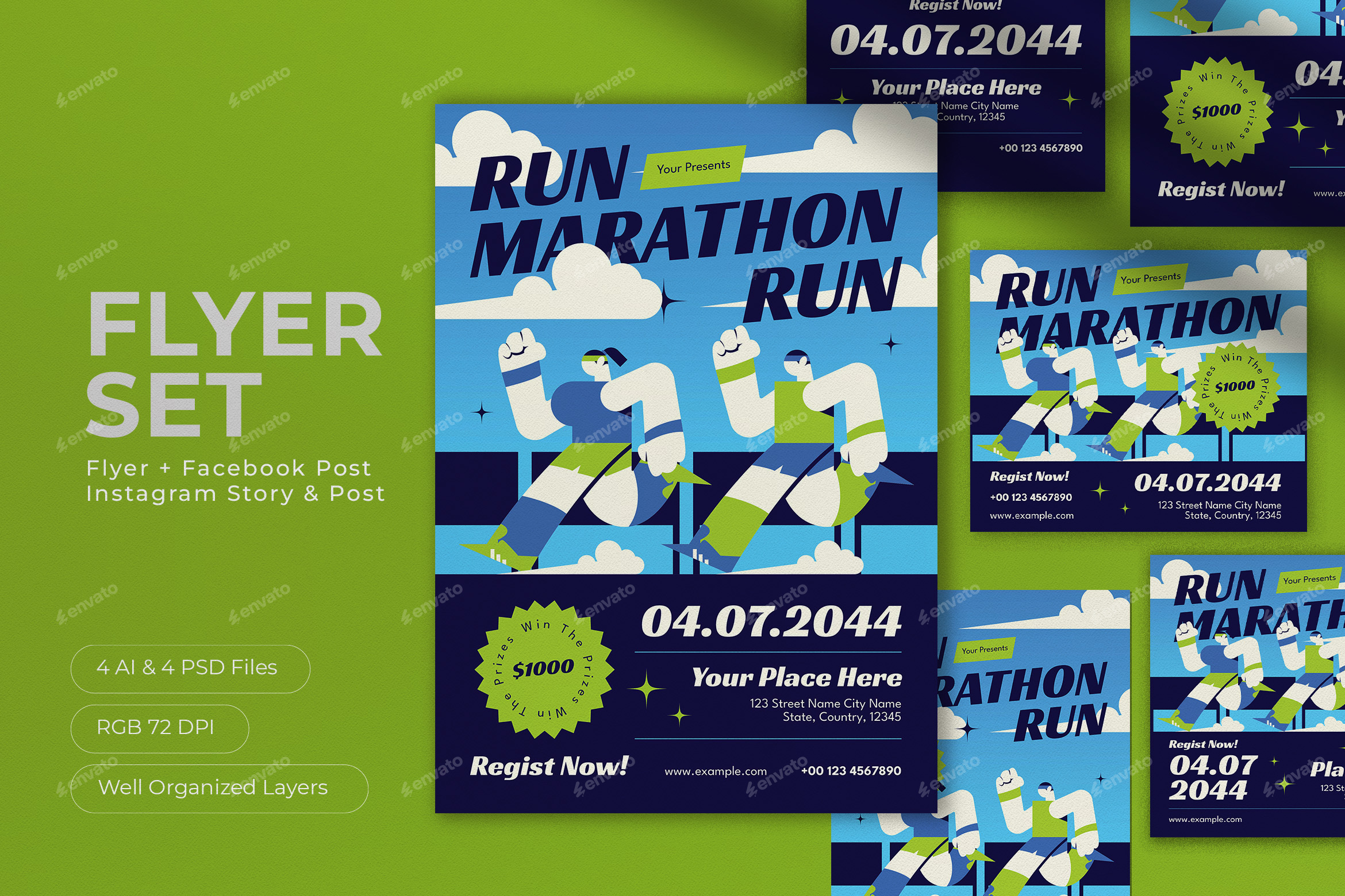 Blue Flat Design Run Marathon Flyer Set, Print Templates | GraphicRiver