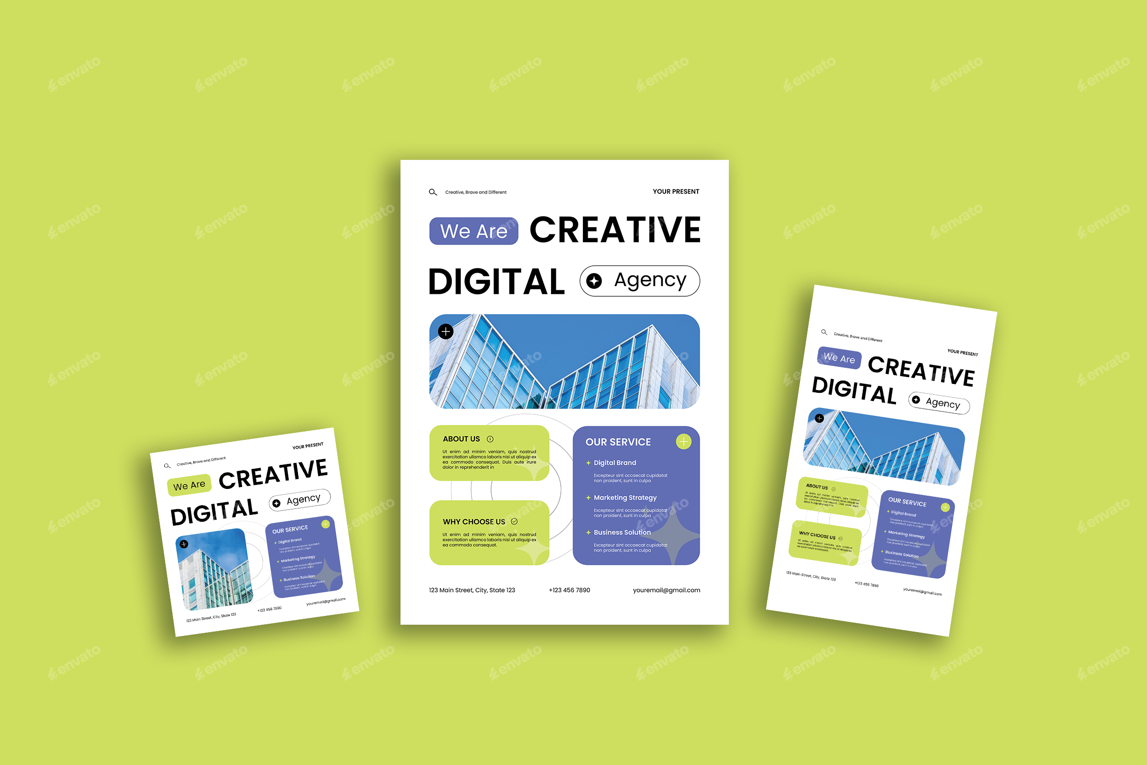 White Blue Lime Bento Creative Digital Agency Flyer Set, Print Templates