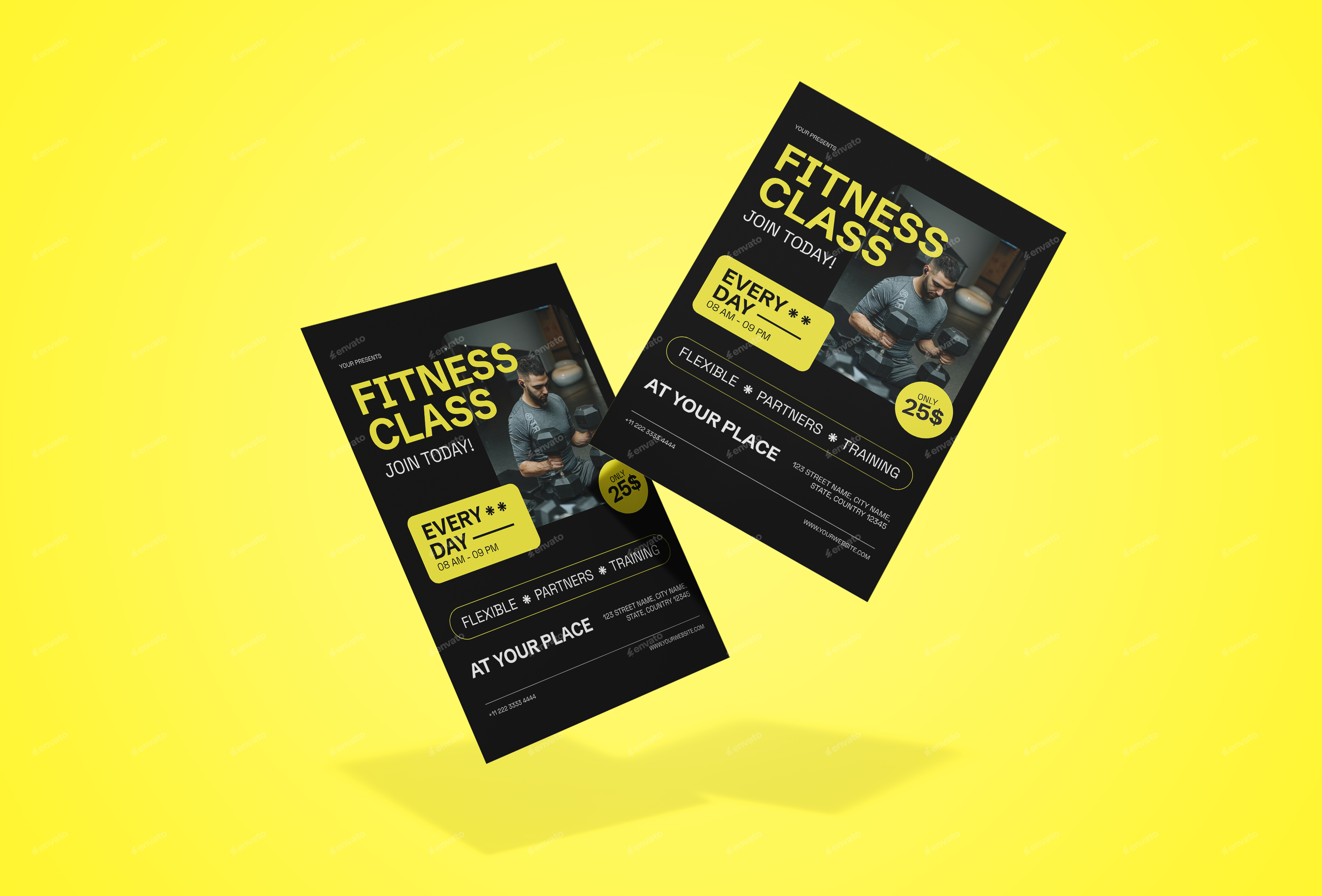 Yellow Black Bold Rebrand Fitness Class Flyer Set, Print Templates