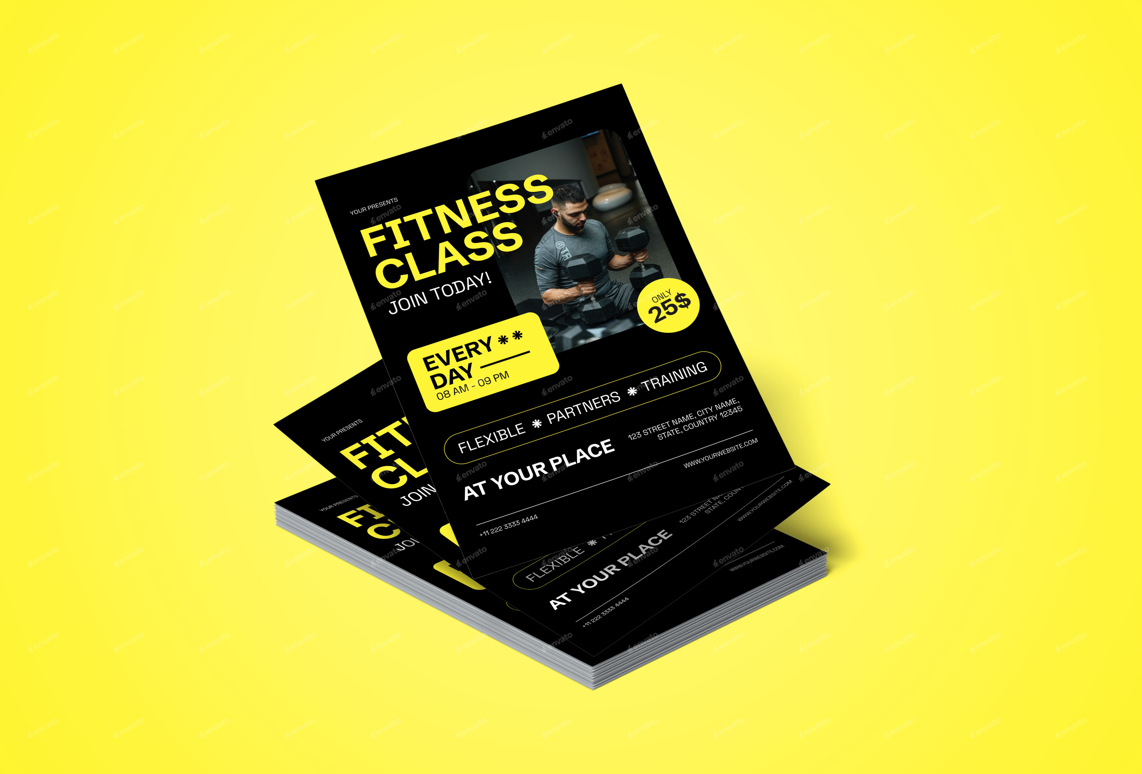 Yellow Black Bold Rebrand Fitness Class Flyer Set, Print Templates