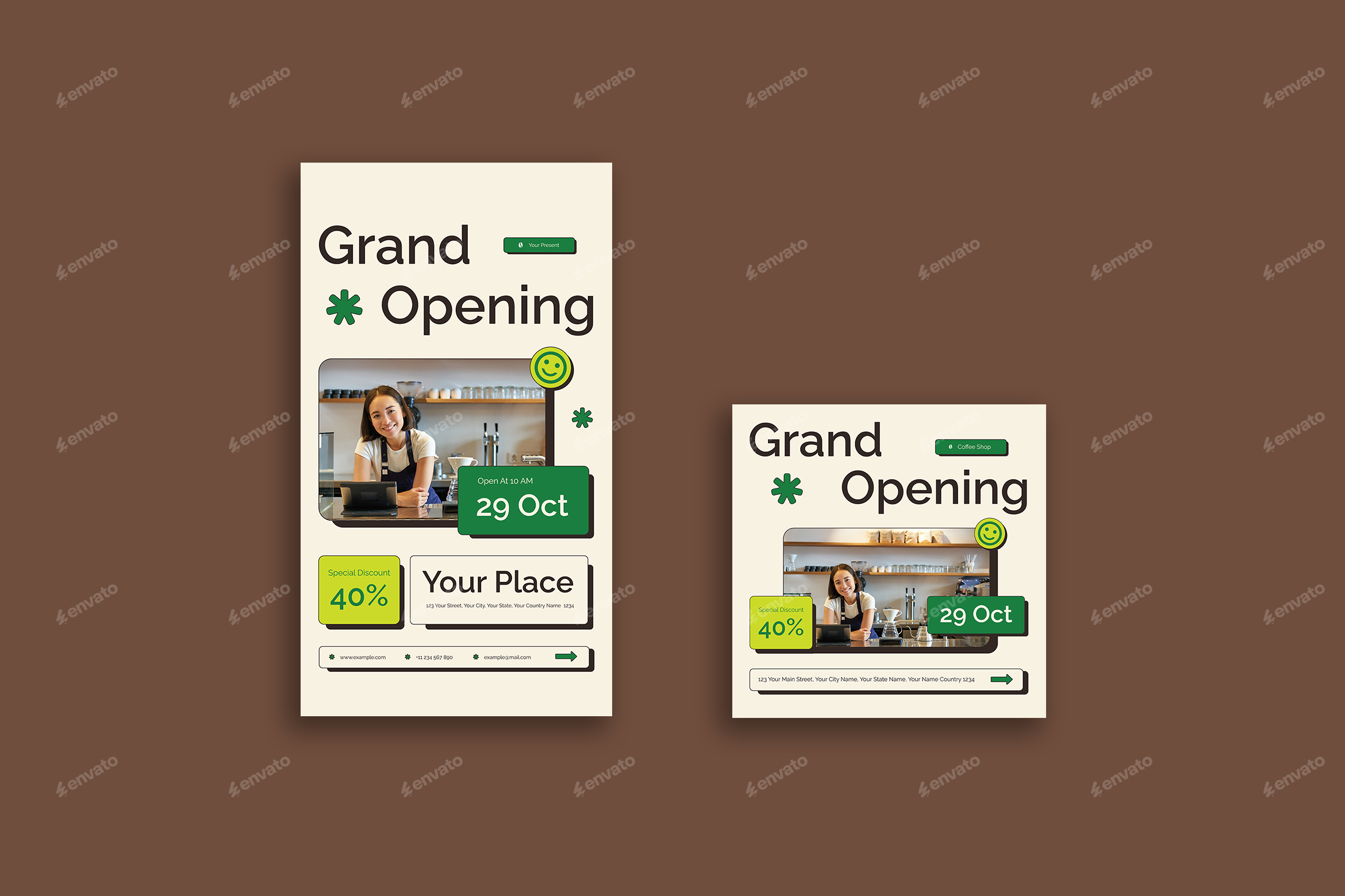 Green Cream Cafe Grand Opening Promotion Flyer Set, Print Templates