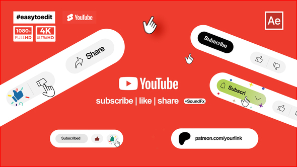 YouTube Subscribe Like Share Buttons, After Effects Project Files ...