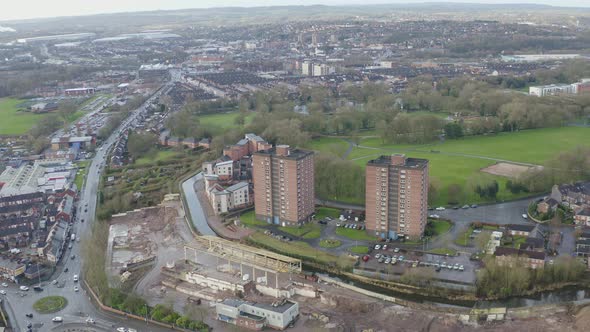 Aerial footage view of high rise tower blocks, flats built in the city ...
