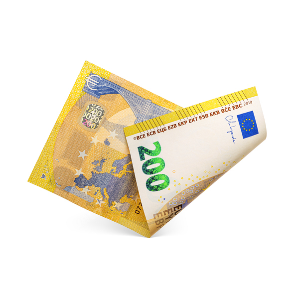 European Union banknote. Folded yellow two hundreds euro bill isolated ...