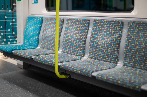 row blue grey seats modern metro train subway travel transit commute ...
