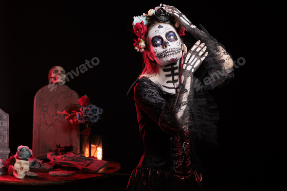 Scary lady acting as La Catrina character during ancient Aztec custom ...