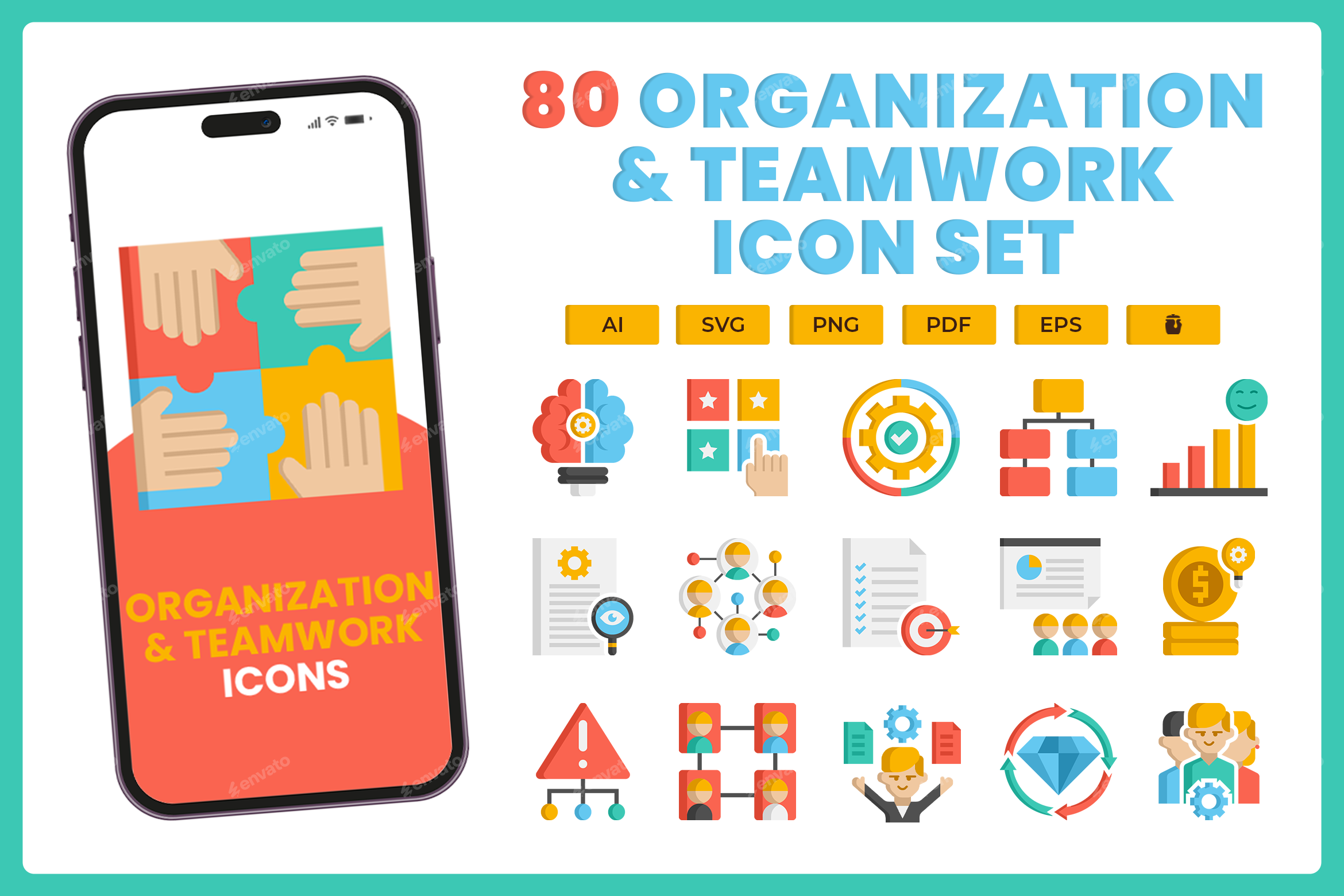 80 Organization and Teamwork Icons | Pasteline Series, Icons | GraphicRiver