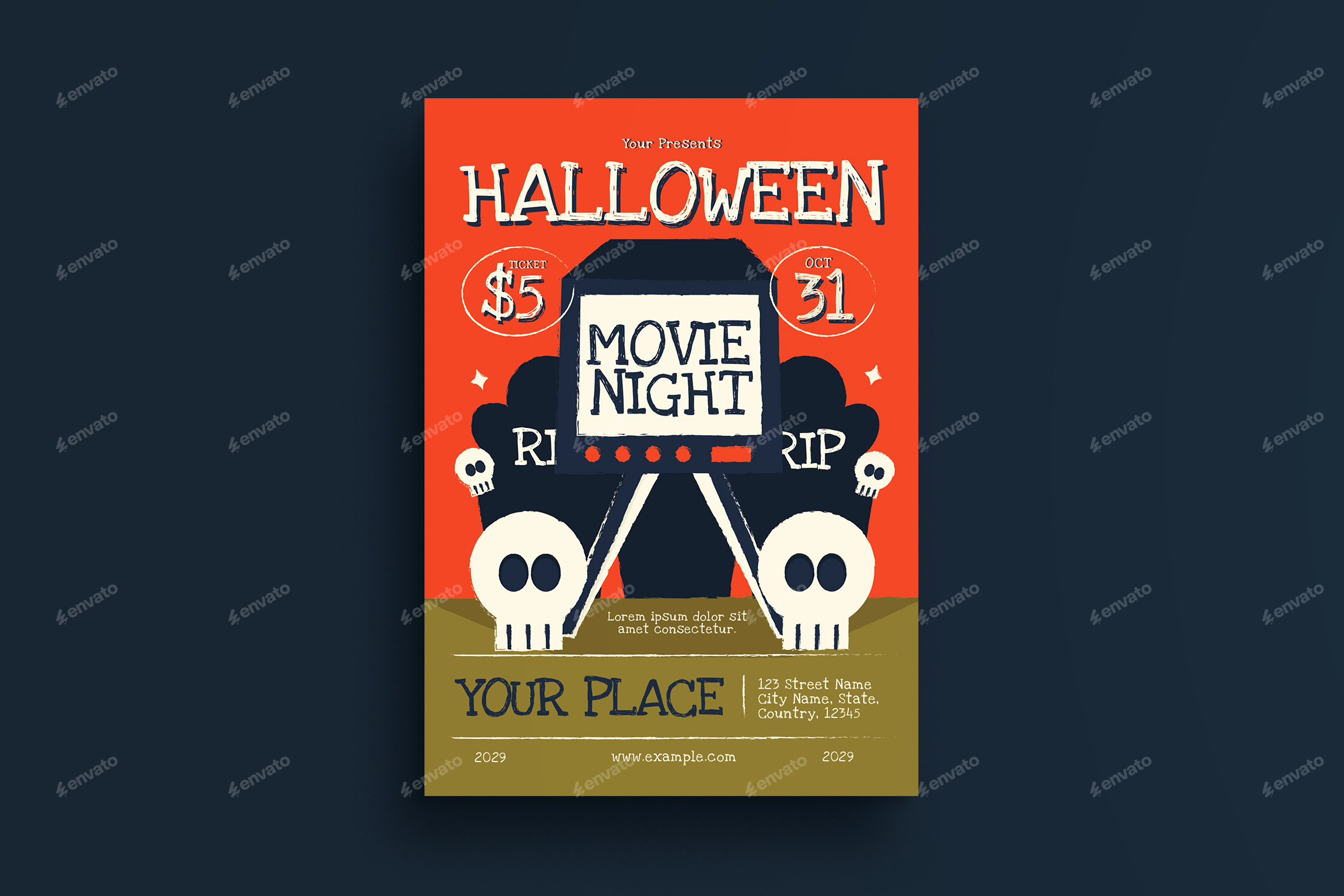 Orange Hand Drawn Halloween Movie Night Flyer, Print Templates ...