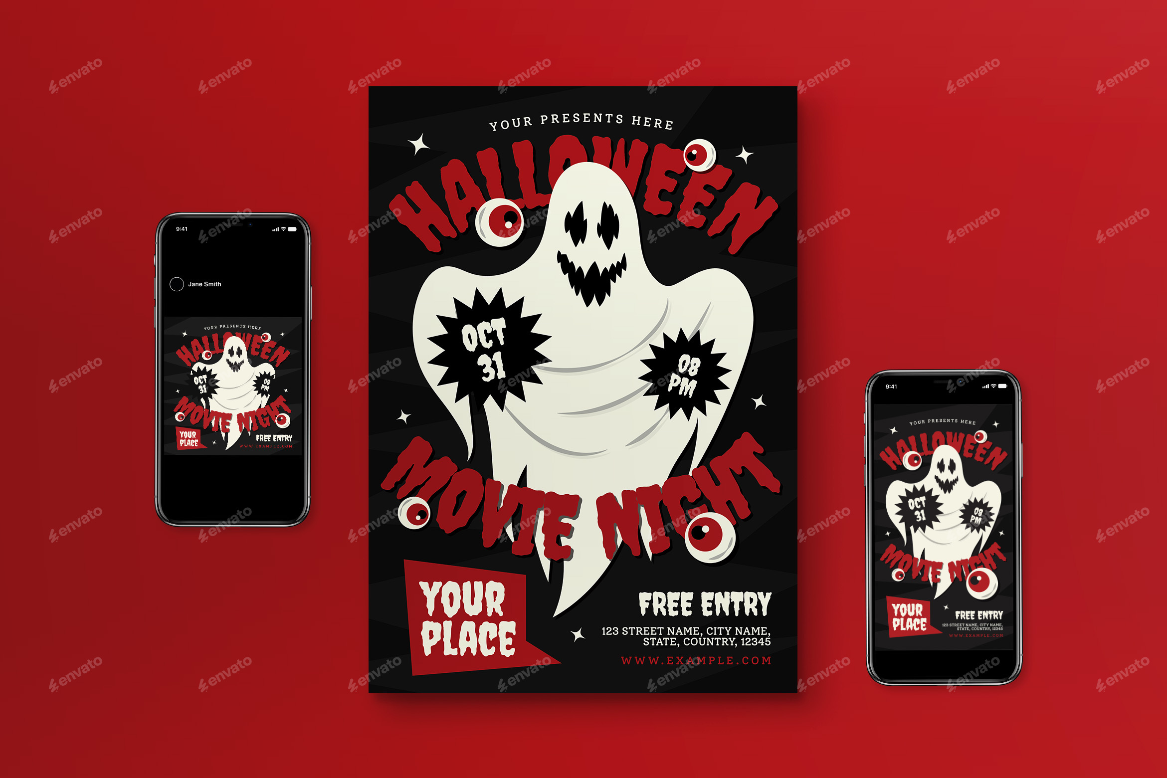 Red Hand Drawn Halloween Movie Night Flyer Set, Print Templates ...