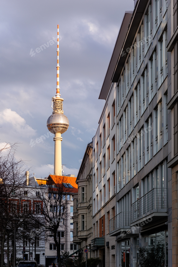 Scenic view Berlin TV Tower Fernsehturm rising above historic ...