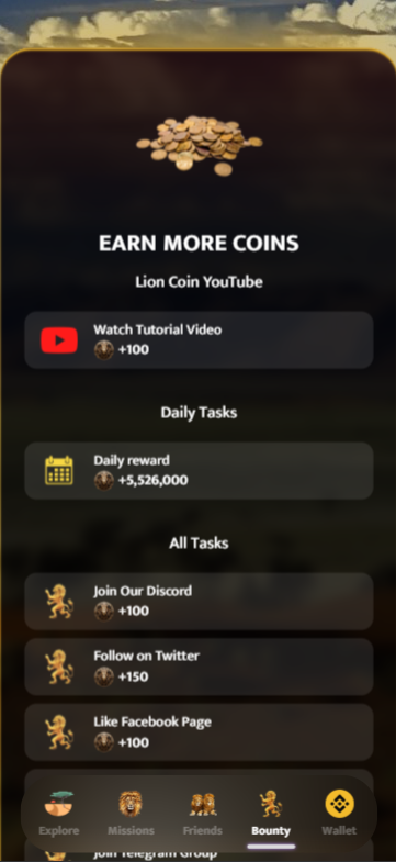 Lion Coin Tap-2-Earn Clicker Game With Telegram Mini App + API + Bot + BSC (Binance) Wallet ...