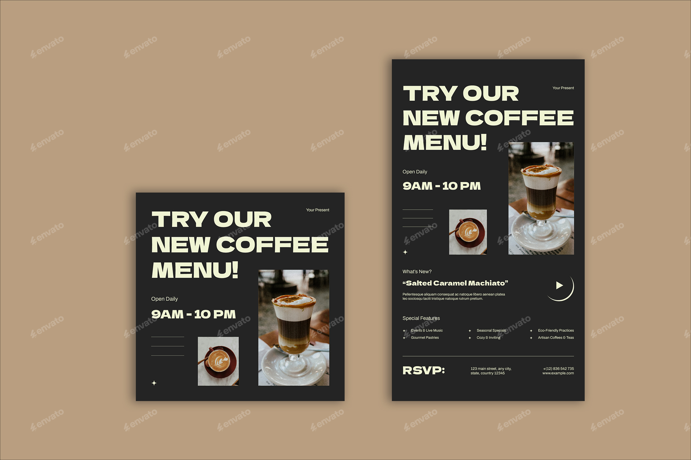 Brown Yellow Bold Minimalist Coffee Menu Promotion Flyer Set, Print ...