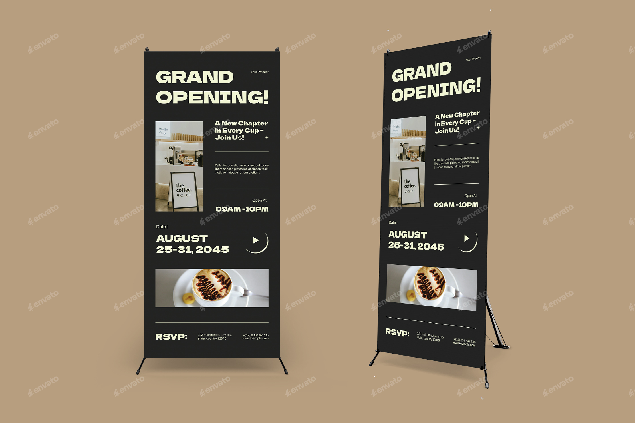 Brown Yellow Bold Minimalist Grand Opening Coffee Shop Banner, Print ...