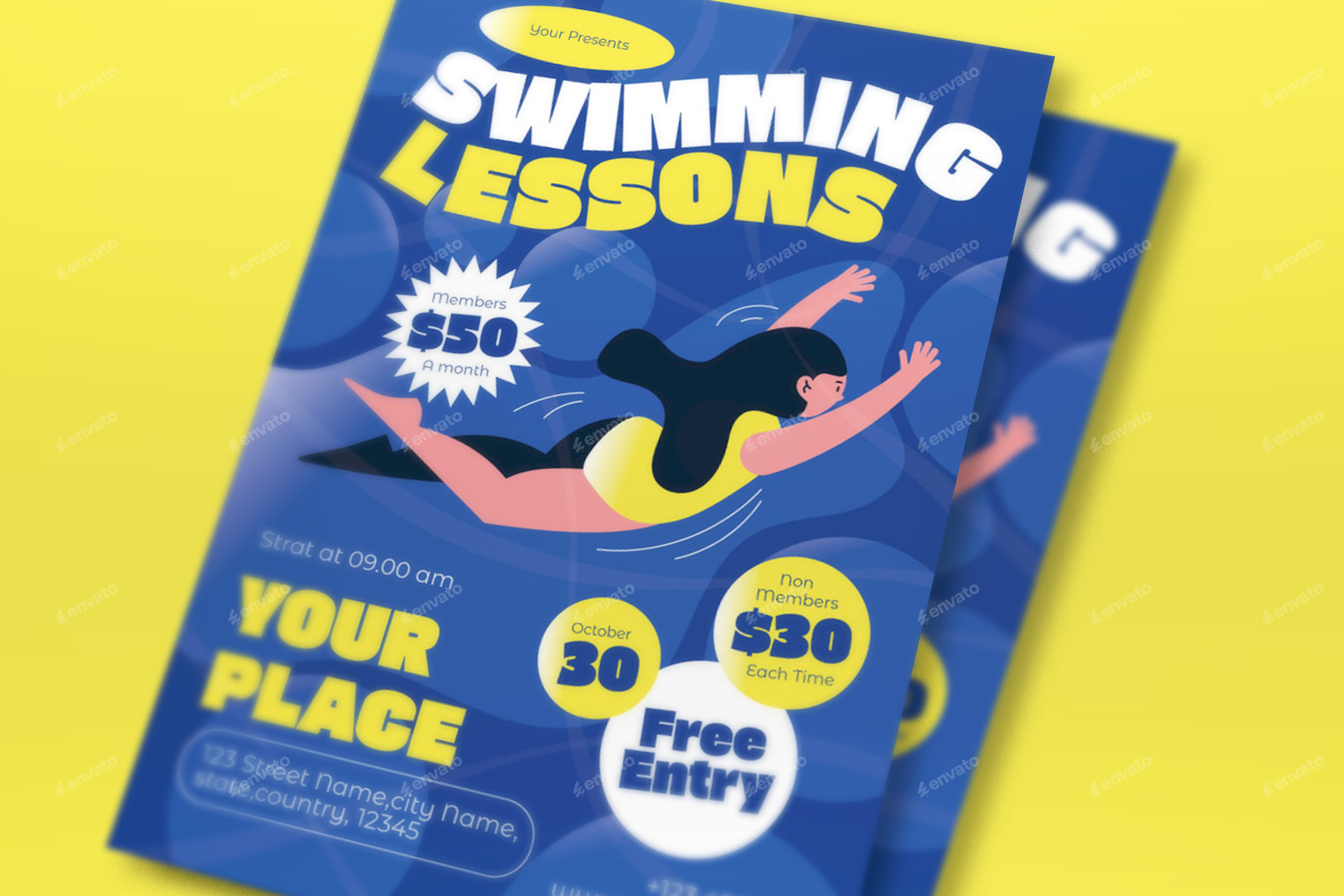 Blue Hand Draw Swimming Lessons Flyer Set, Print Templates | GraphicRiver