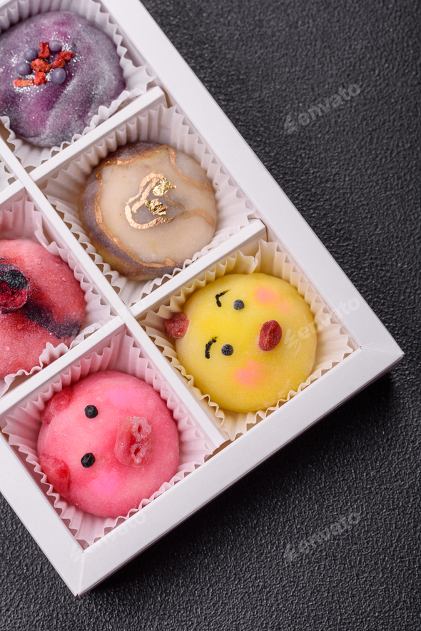 Delicious cold Japanese mochi dessert with colorful rice dough shell ...