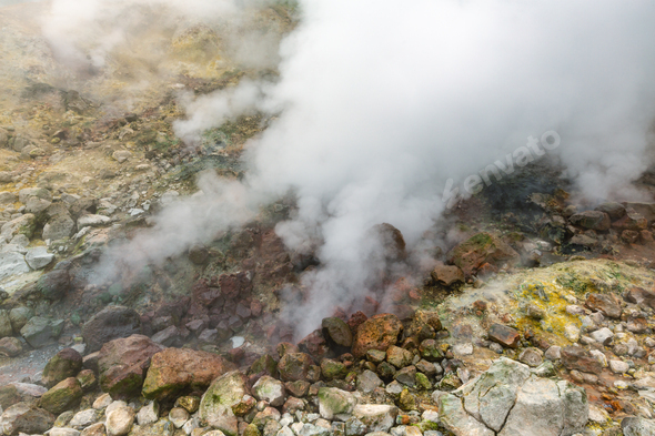 Volcanic landscape, erupting fumarole, hot spring, gas-steam activity ...