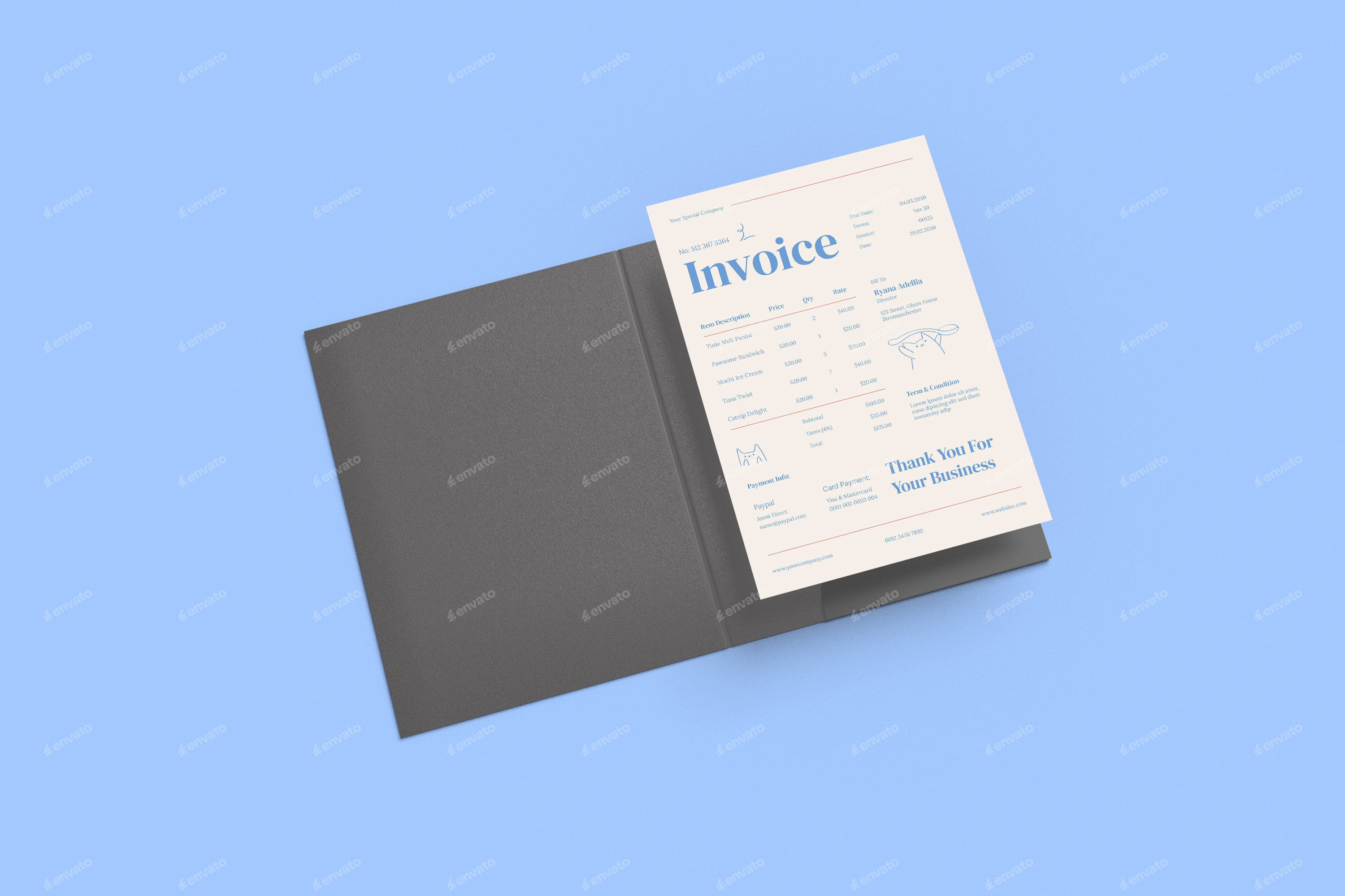 Blue Red Cream Modern Creative Handrawn Cat Invoice, Print Templates