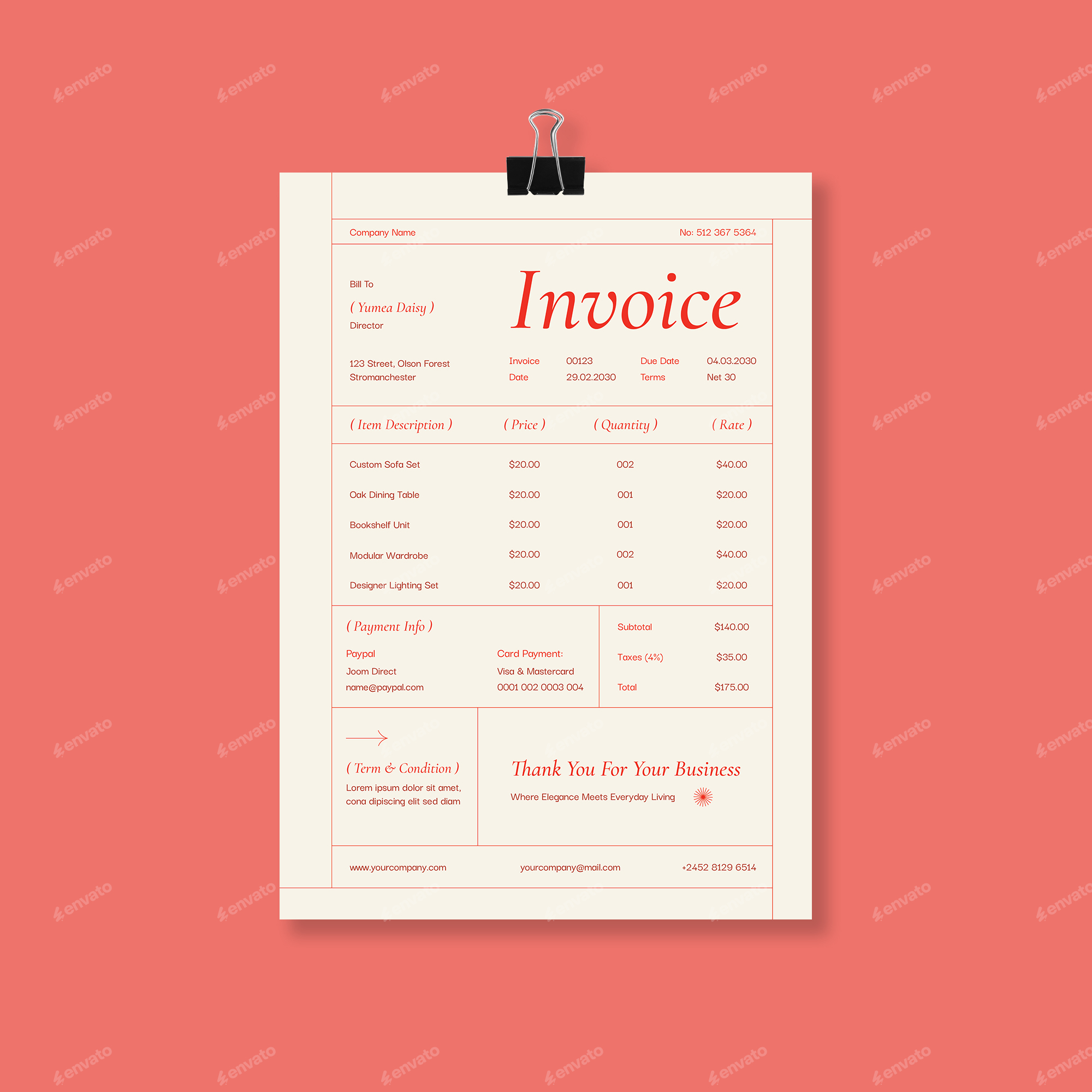 Cream Red Modern Minimalist Outline Interior Furniture Invoice, Print ...