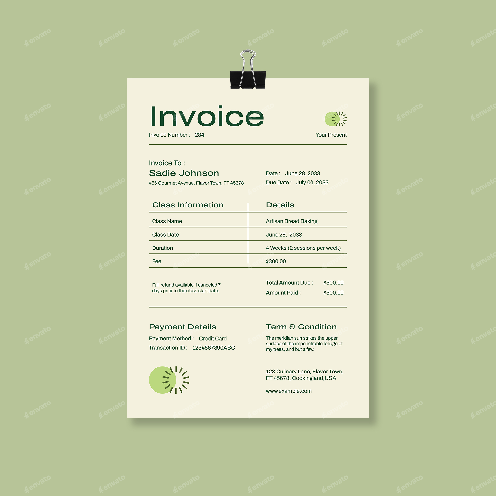 Beige Green Modern Minimalist Cooking Lessons Invoice, Print Templates