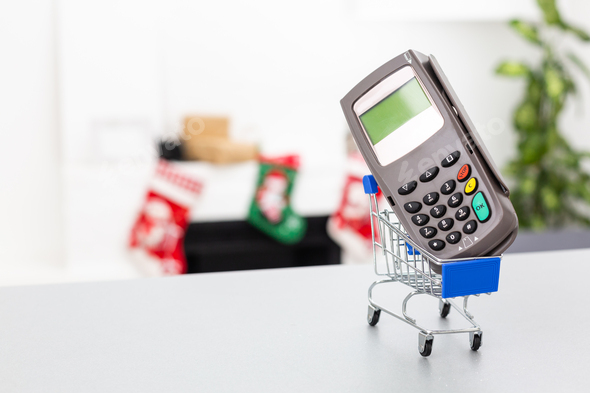 Top view photo of shopping trolley and cash register Stock Photo by ...