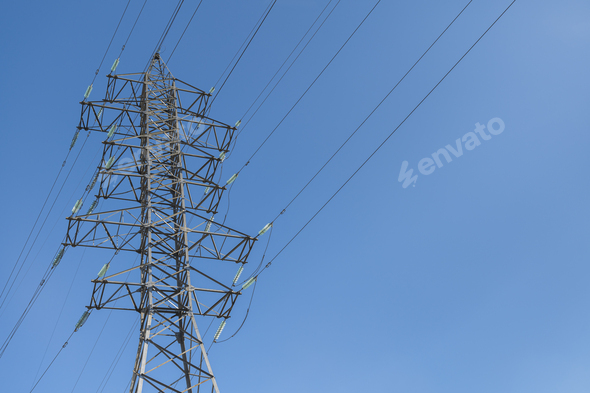high-voltage power line, electrical energy transmission tower overhead ...