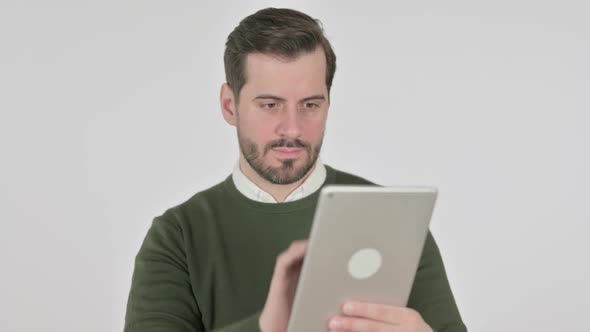 Portrait of Attractive Man Using Tablet in Cafe White Screen, Stock Footage