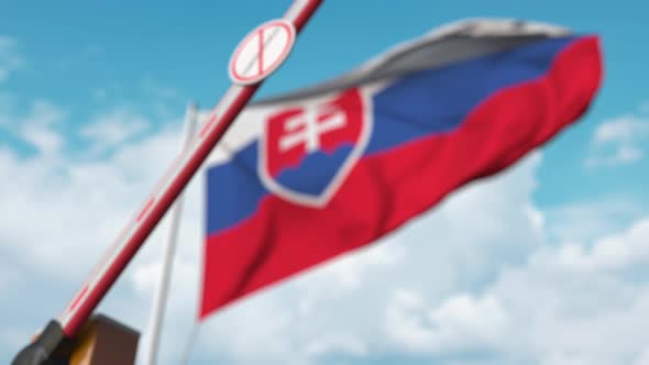 Closing Barrier with STOP CORONAVIRUS Sign at the Slovak Flag, Motion ...