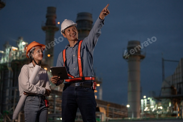 worker wear uniform helmet working tower power plant construction ...