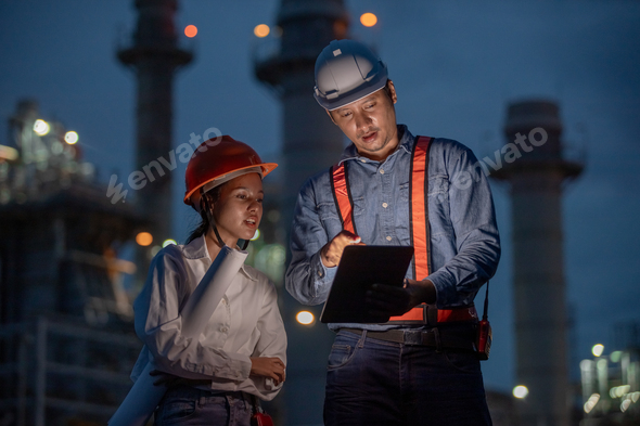 worker wear uniform helmet working tower power plant construction ...