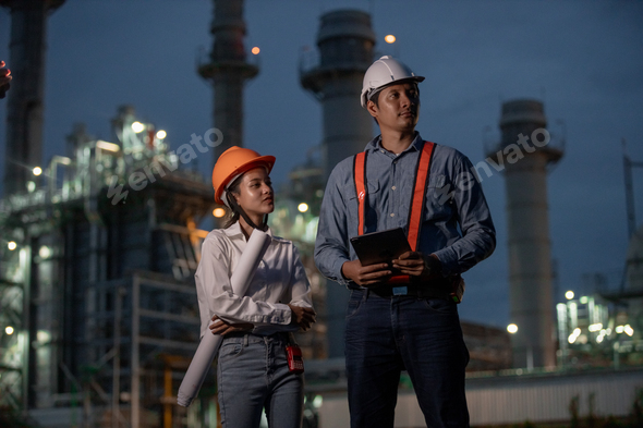 worker wear uniform helmet working tower power plant construction ...