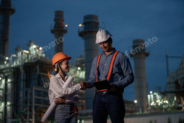 worker wear uniform helmet working tower power plant construction ...
