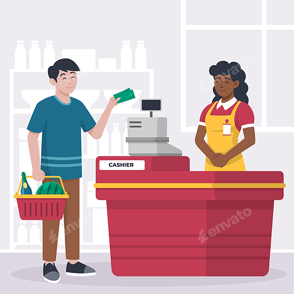 Pay at The Cashier Vector Flat Illustration / Men paying for groceries ...