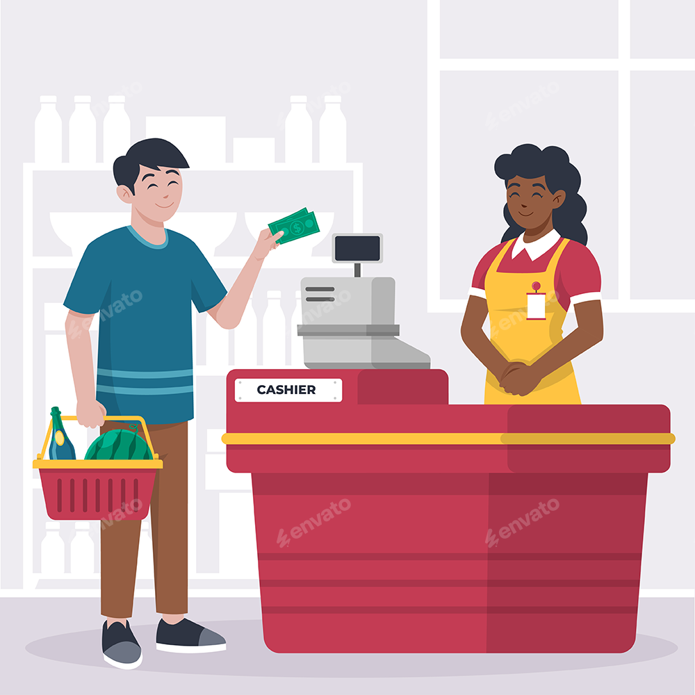 Pay at The Cashier Vector Flat Illustration / Men paying for groceries ...