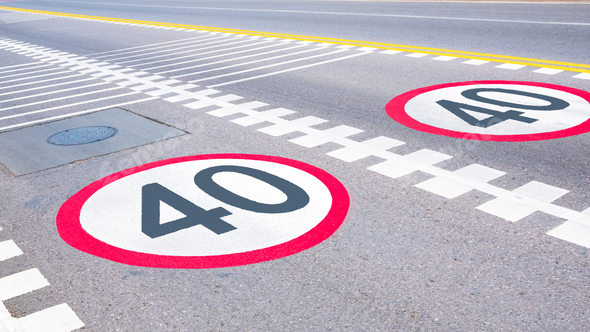 Speed limit sign and safety rumble stripe traffic white and yellow ...