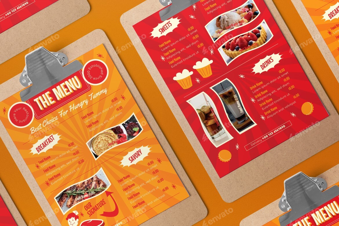 Orange 70s Retro Food Menu, Print Templates | GraphicRiver