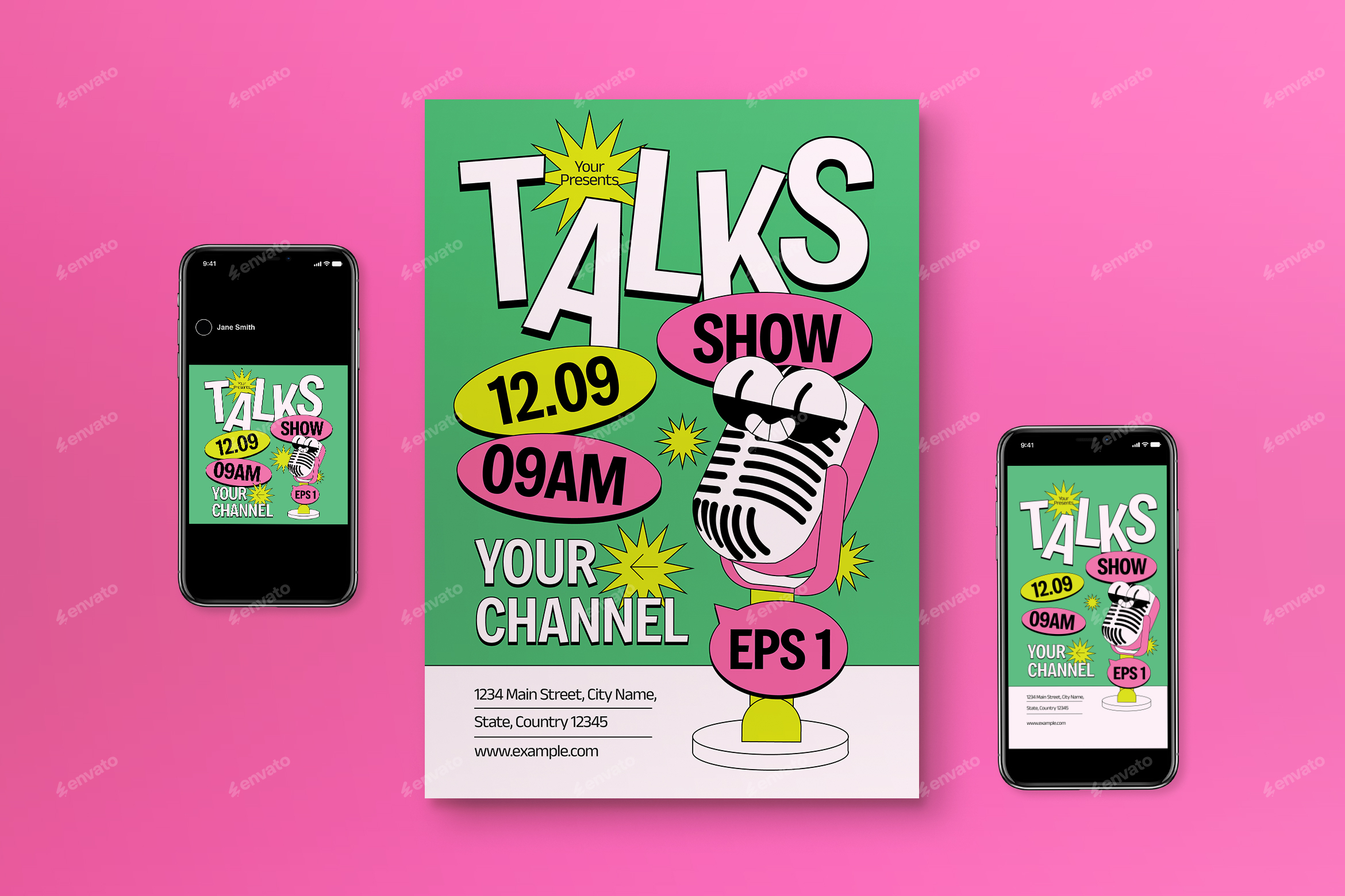 Green Pink Retro Cartoon Talk Show Flyer Set, Print Templates ...