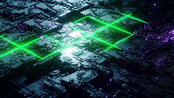 4K 3d animation loop. Electronic circuit motherboard with glowing ...