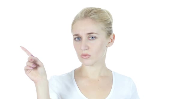 Woman Showing No by Waving fingers, White Background, Stock Footage
