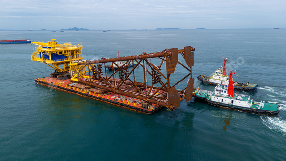 Big Construction on ship. Tender Drilling Oil Rig on Barge Ship ...