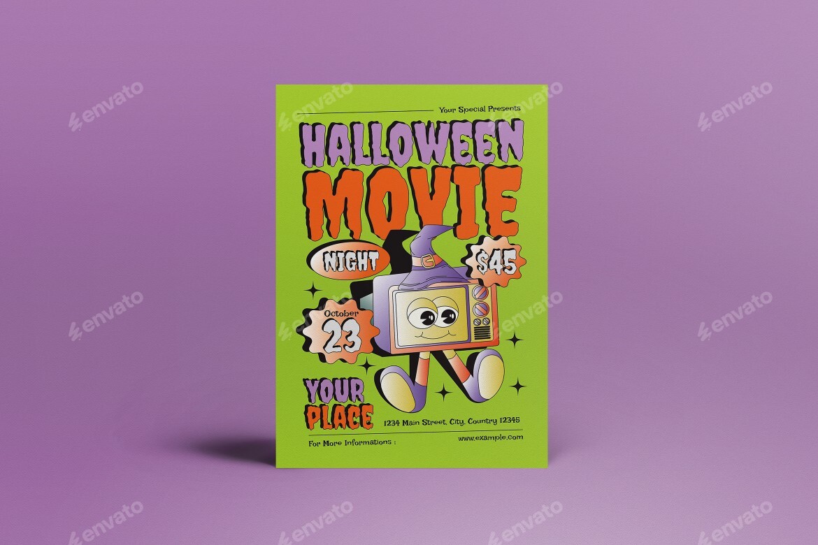 Green Retro Halloween Movie Night Flyer Set, Print Templates | GraphicRiver