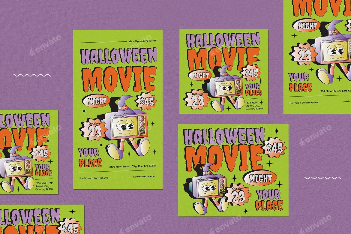 Green Retro Halloween Movie Night Flyer Set, Print Templates | GraphicRiver