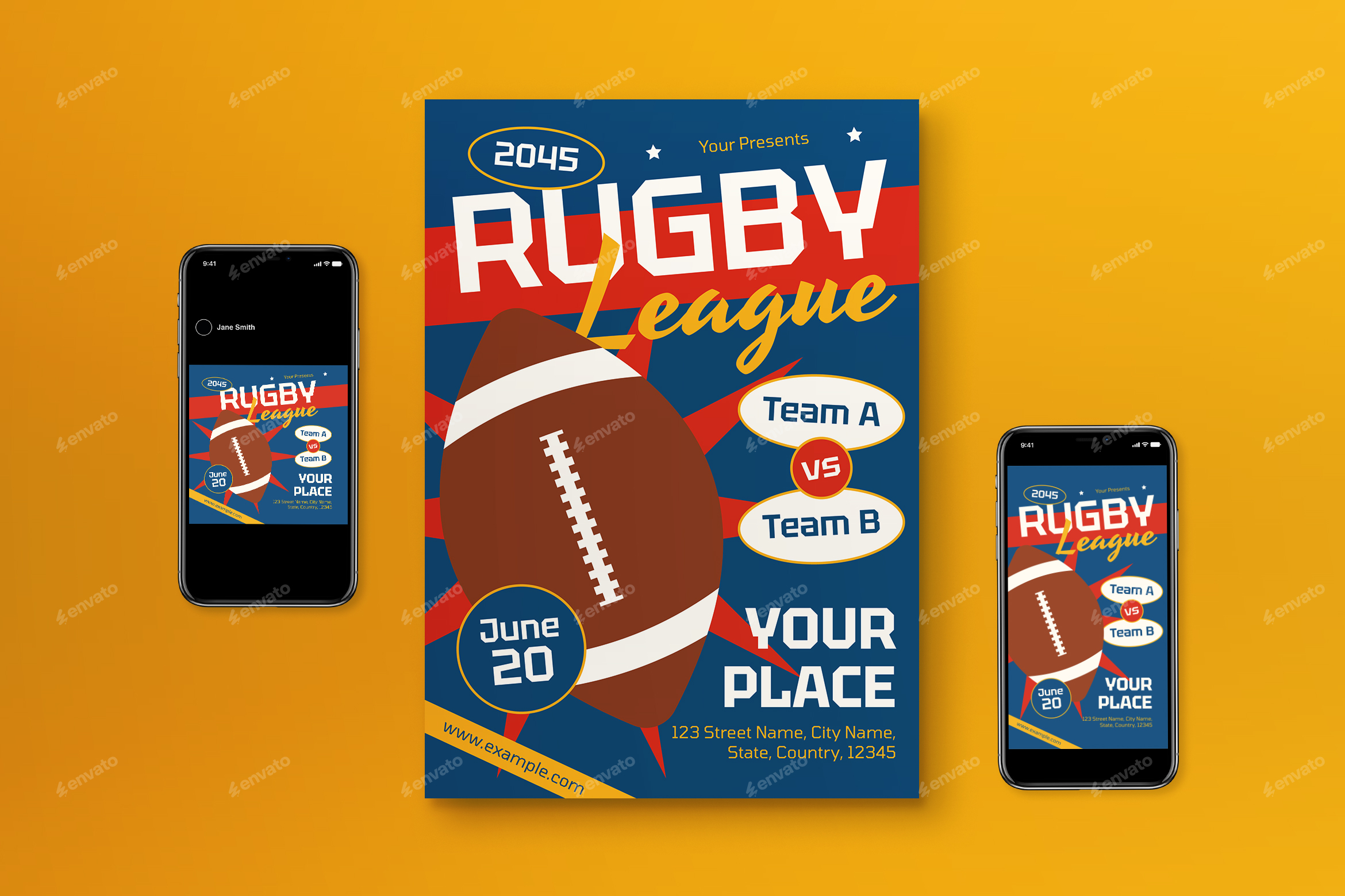 Blue Flat Design Rugby League Flyer Set, Print Templates | GraphicRiver
