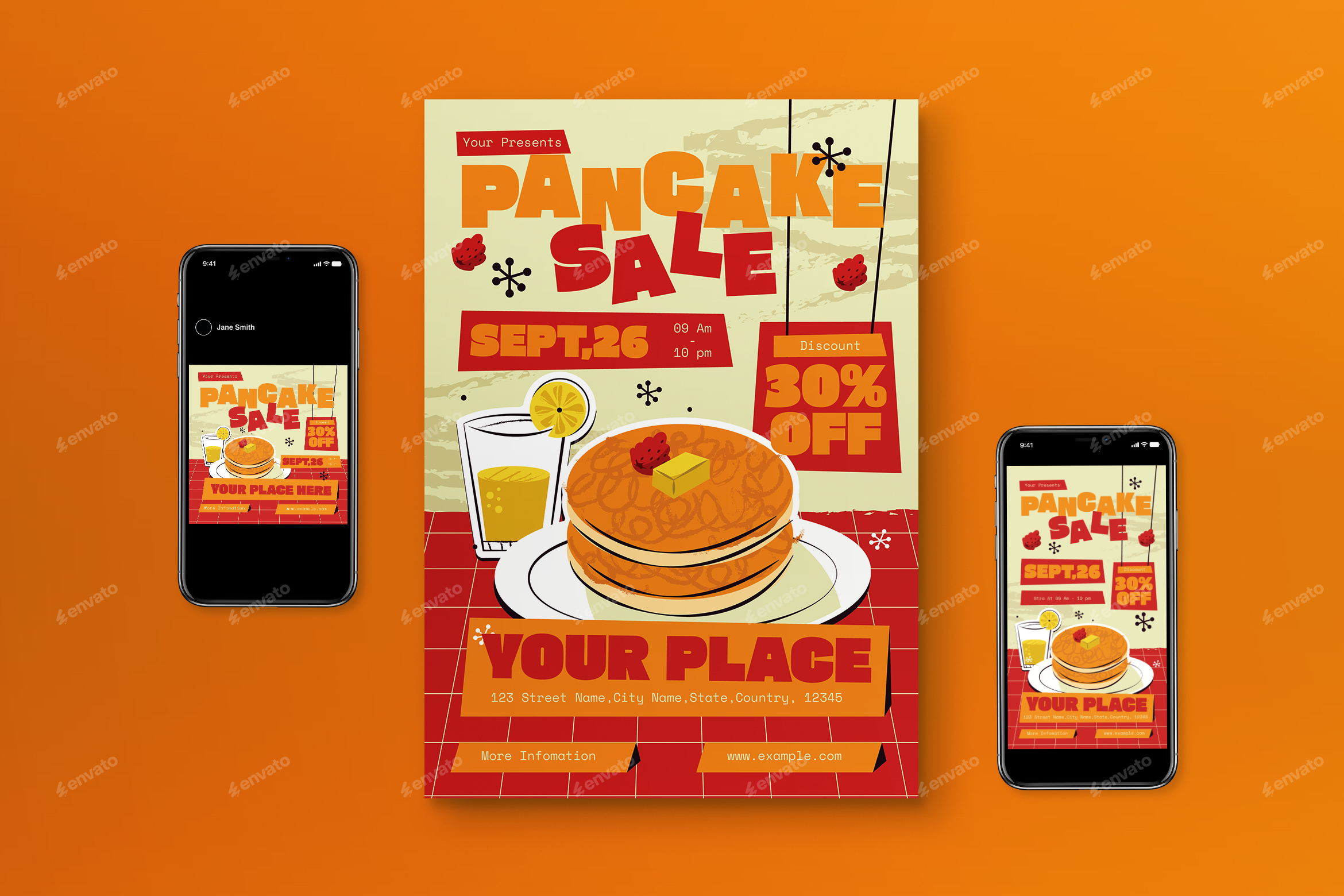 Orange Mid Century Pancake Sale Promo Flyer Set, Print Templates ...