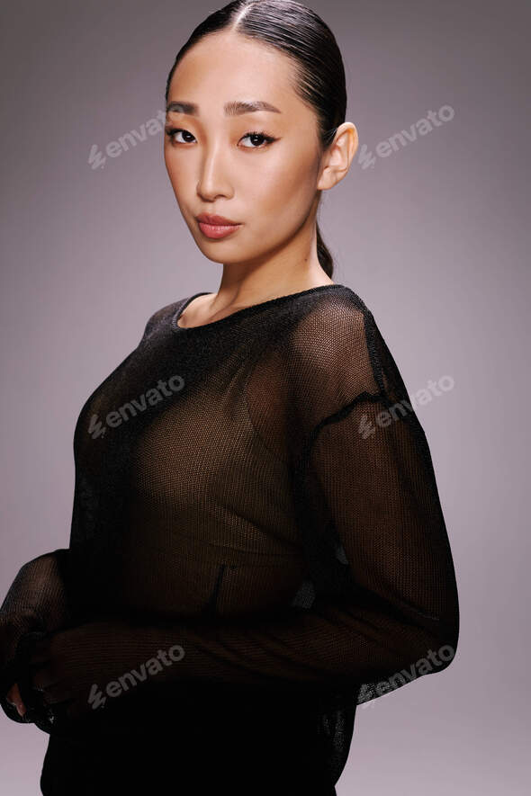 Fashion, asian woman, sheer top, poses, photo, gray background an ...