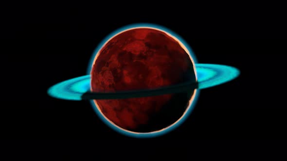 Alien red planet with a glowing blue ring system in black empty space ...