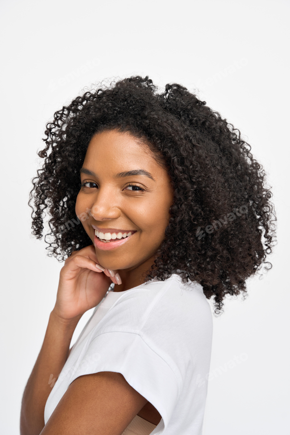 Happy young pretty gen z African American woman isolated on white ...
